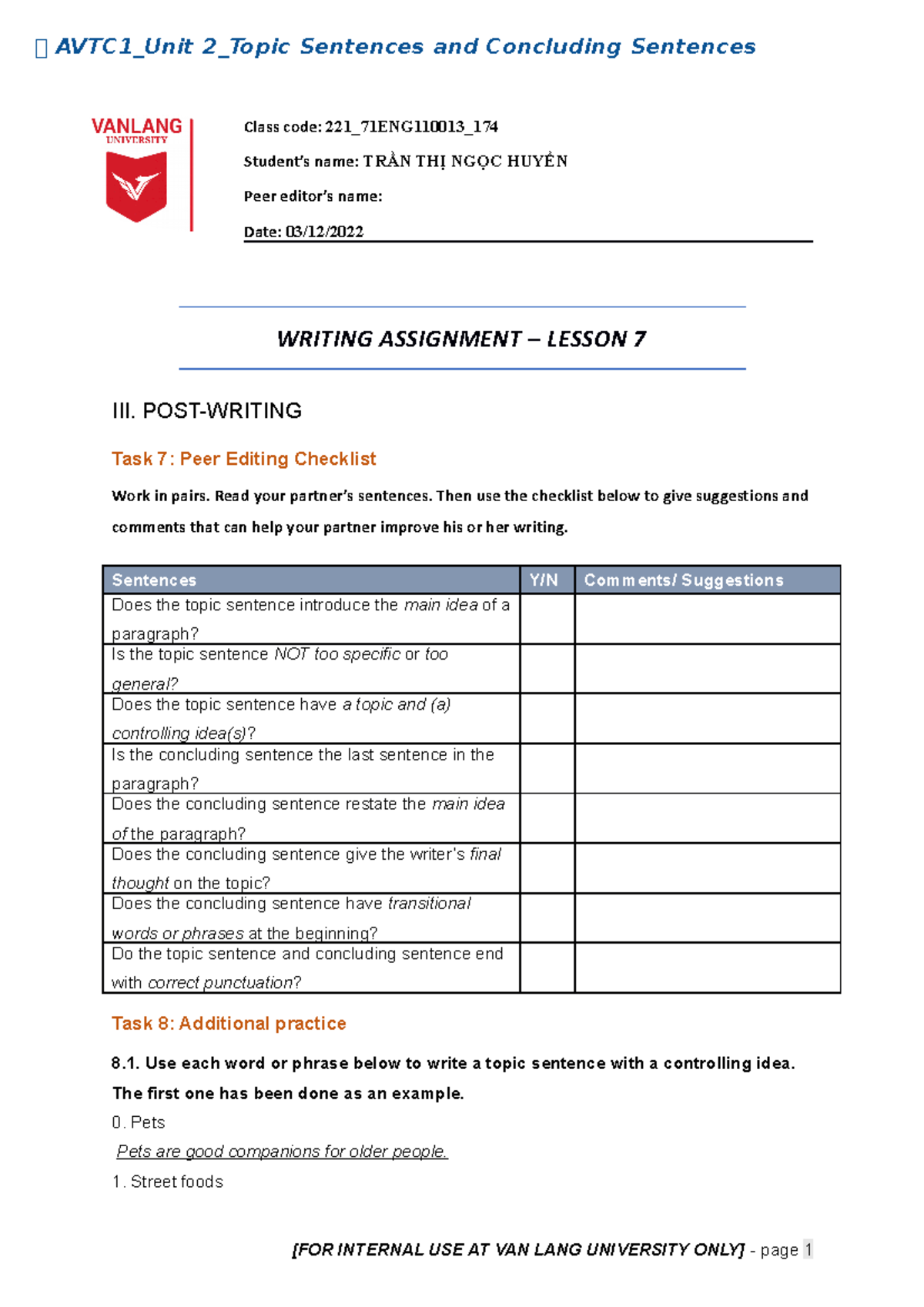 AVTC1 - Unit 2 - Topic & Concluding Sentences Peer Review Guide - Studocu