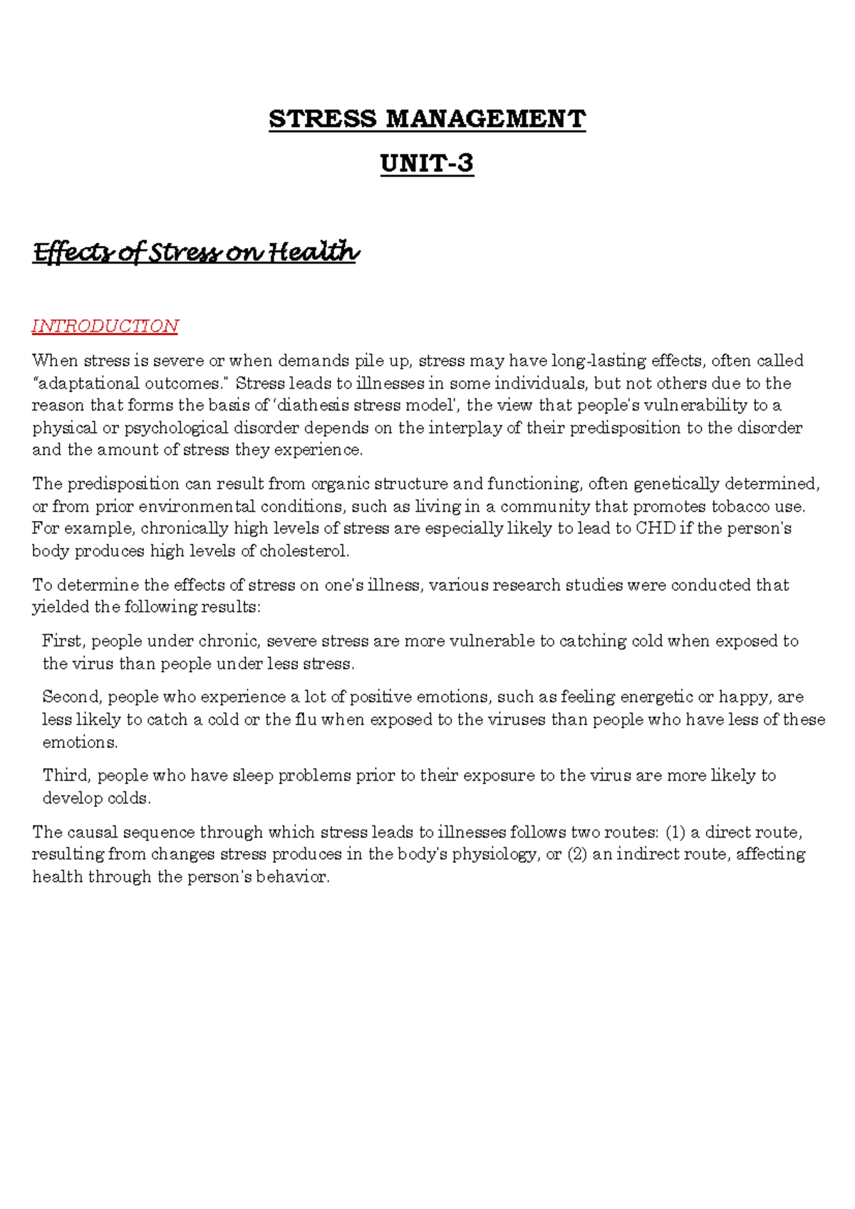 Stress Management unit 3 - STRESS MANAGEMENT UNIT- 3 Effects of Stress ...