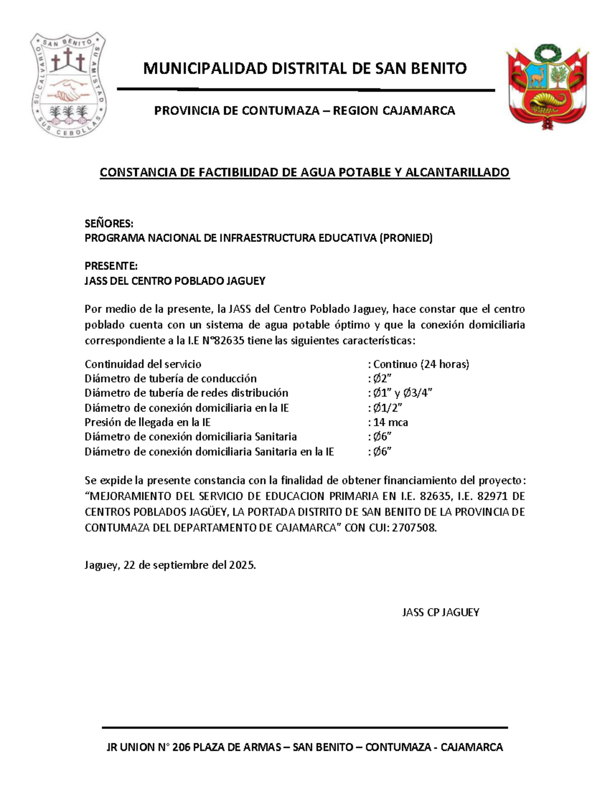Constancia de Factibilidad de Agua Potable - Jaguey (I.E. 82635, 82971) - Studocu