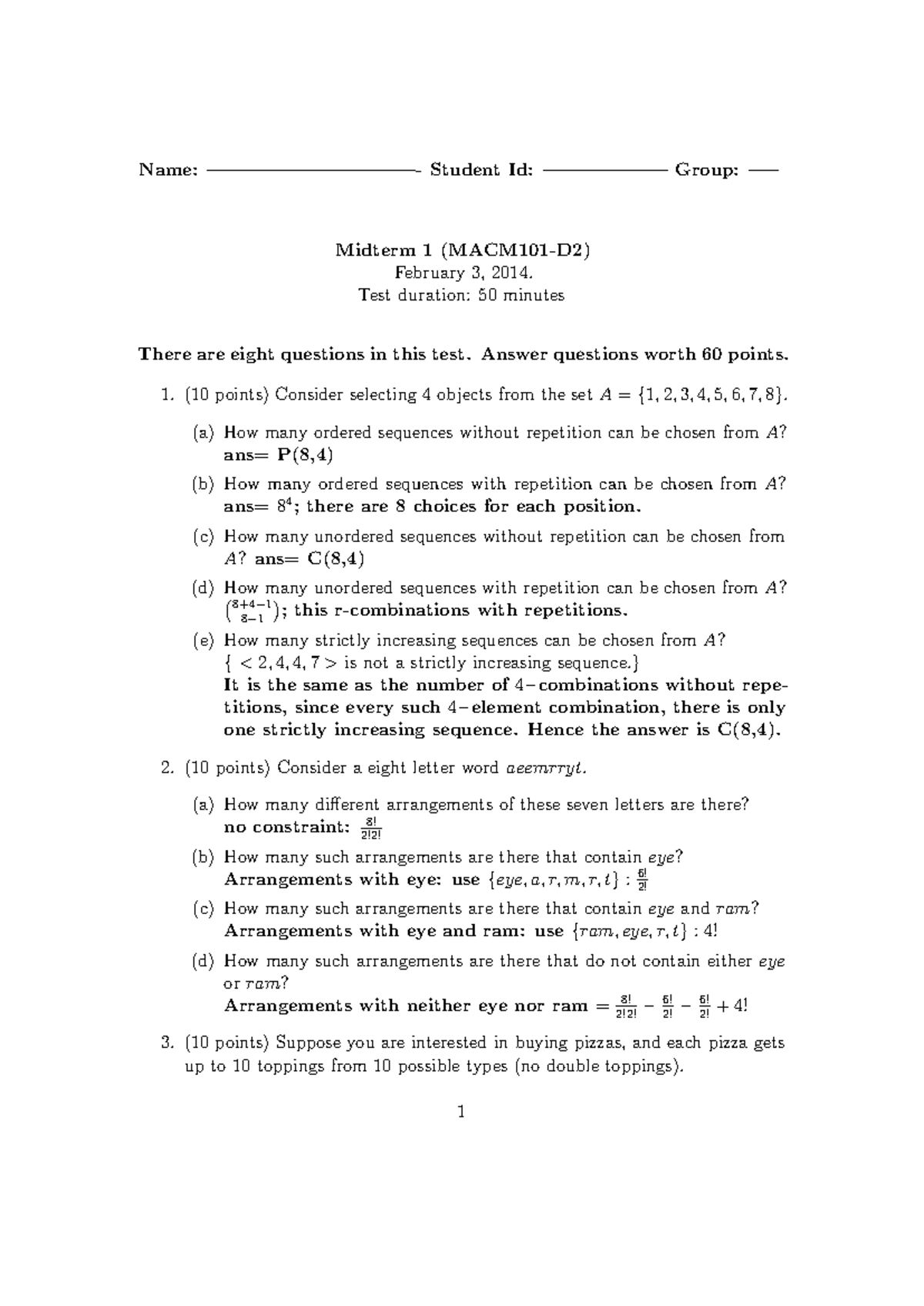 MACM101-D2 Midterm 1 Practice Test Solutions and Explanations - Studocu