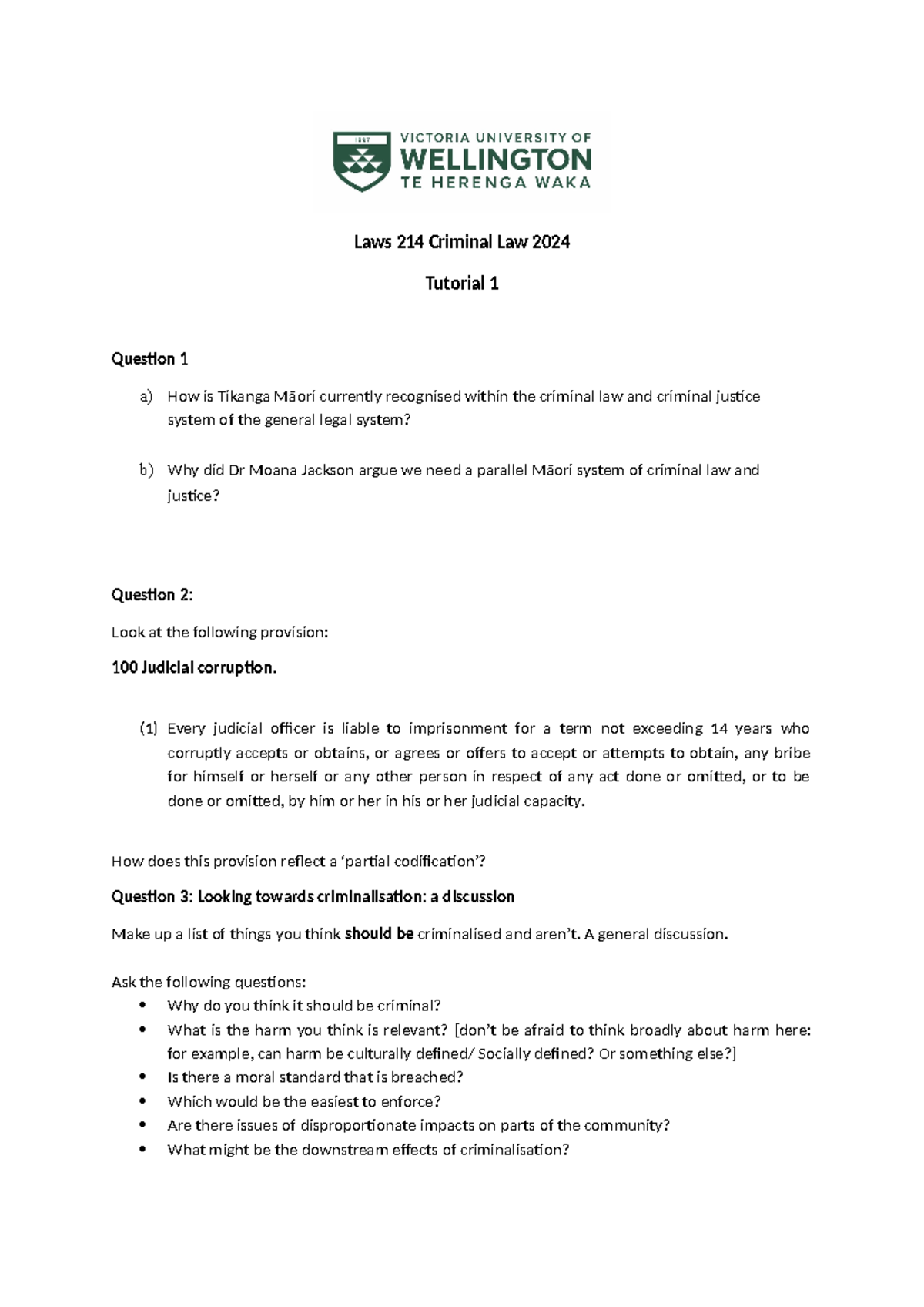 214Tutorial 1 2024 - Laws 214 Criminal Law 2024 Tutorial 1 Question 1 a ...