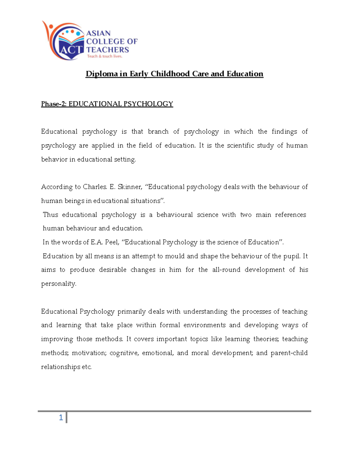 ECCE 24: Educational Psychology in Early Childhood Education - Studocu