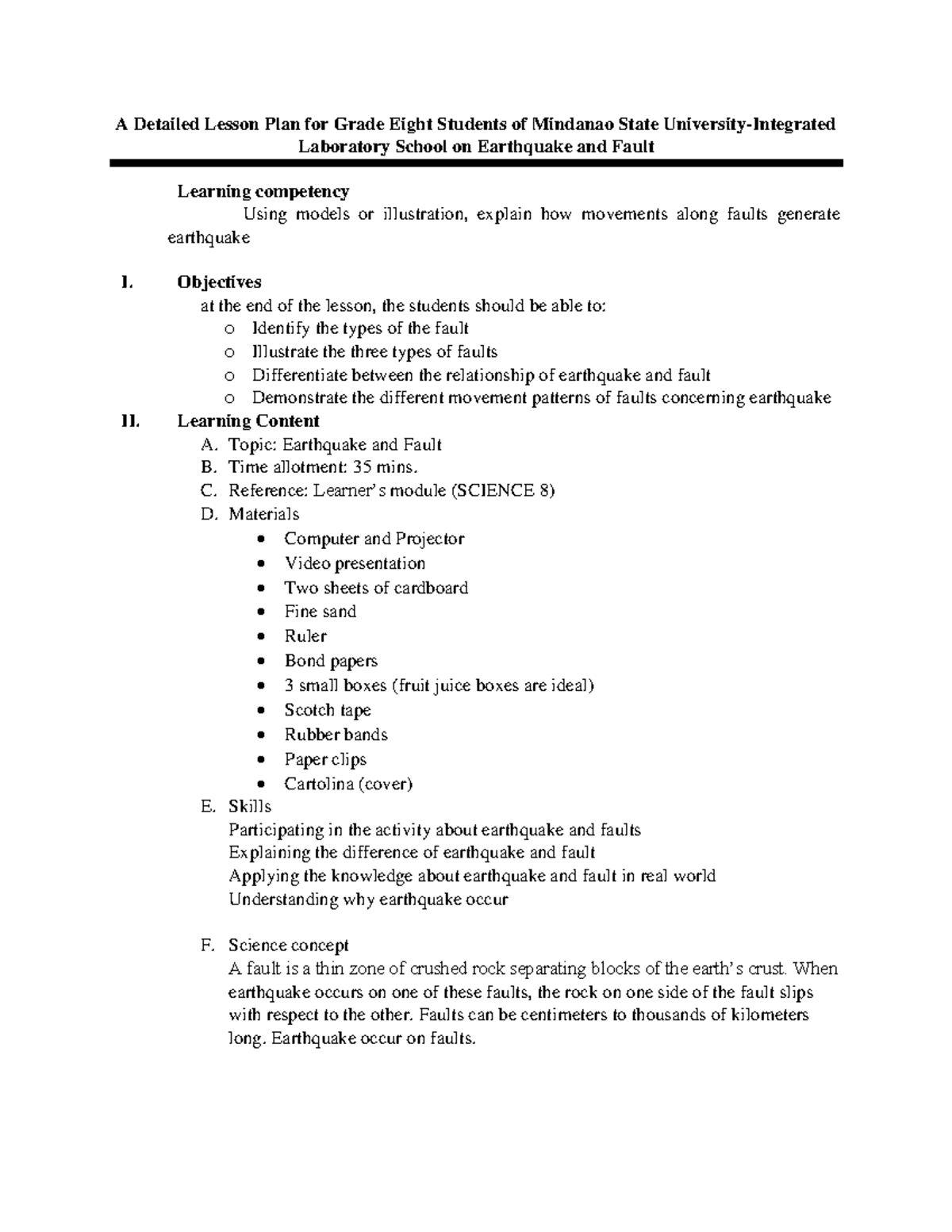 Detailed Lesson Plan on Earthquake and Faults for SCIENCE 8 - Studocu