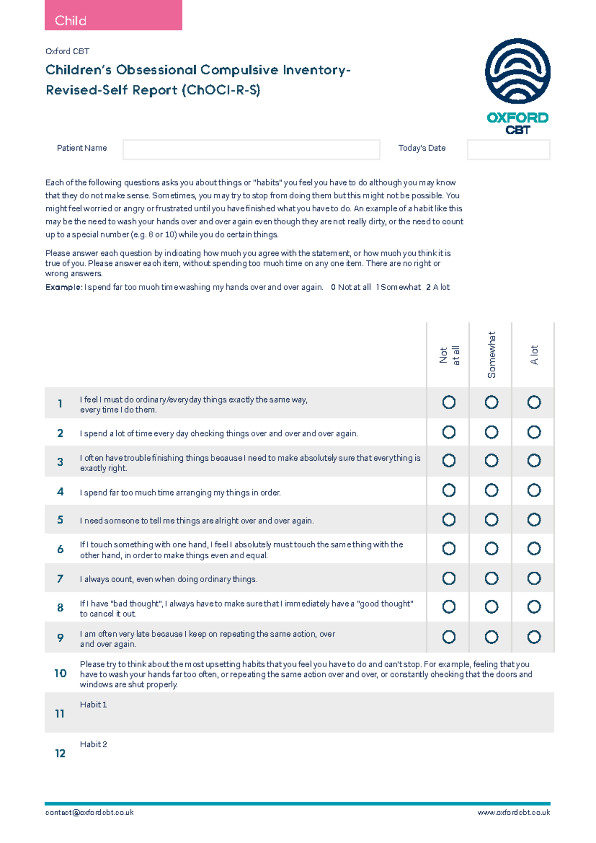 Child CBT Obsessional Compulsive Inventory Report (Ch OCI-R S1) - Studocu