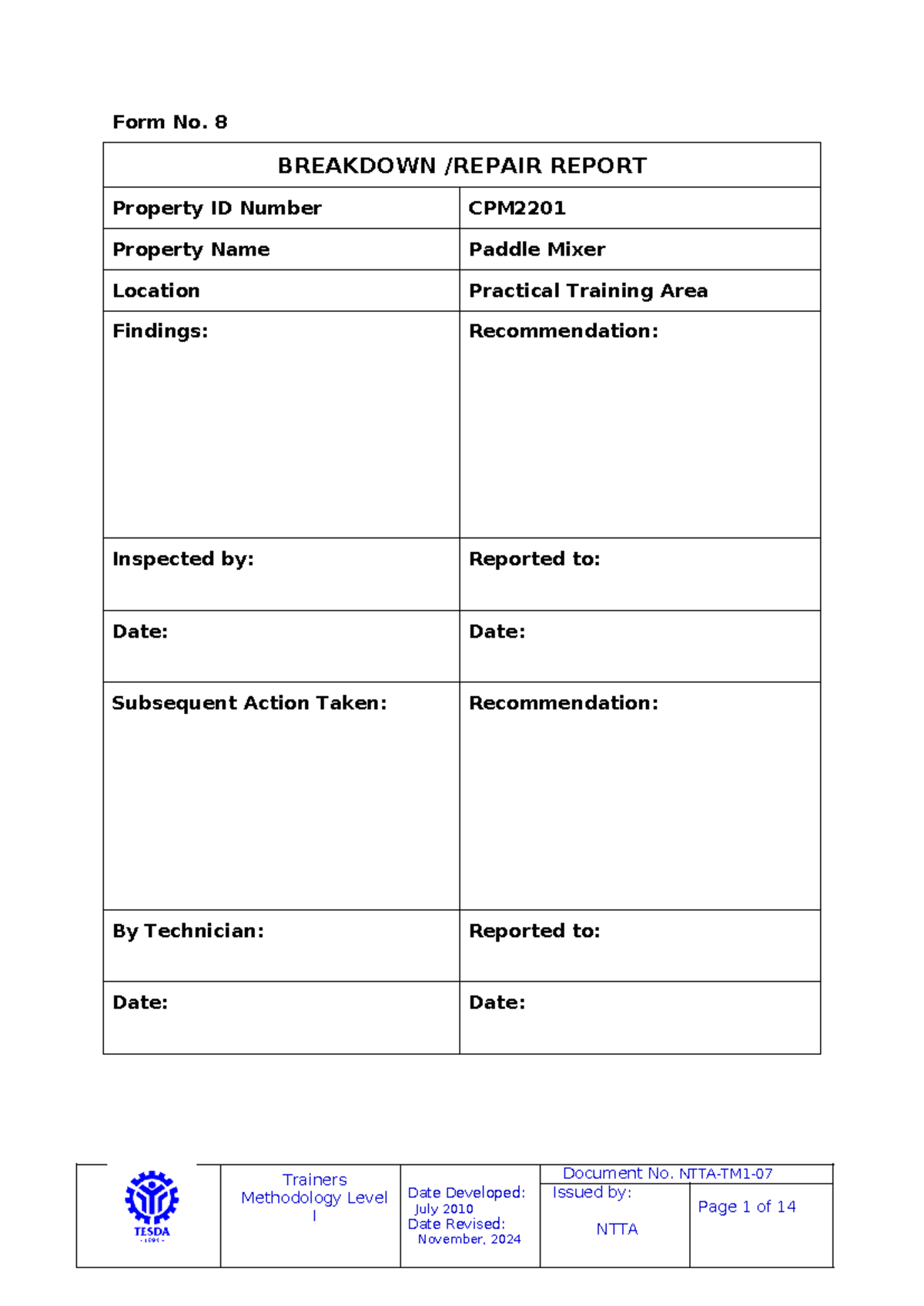 F8-Breakdown Repair Report - Form No. 8 BREAKDOWN /REPAIR REPORT ...