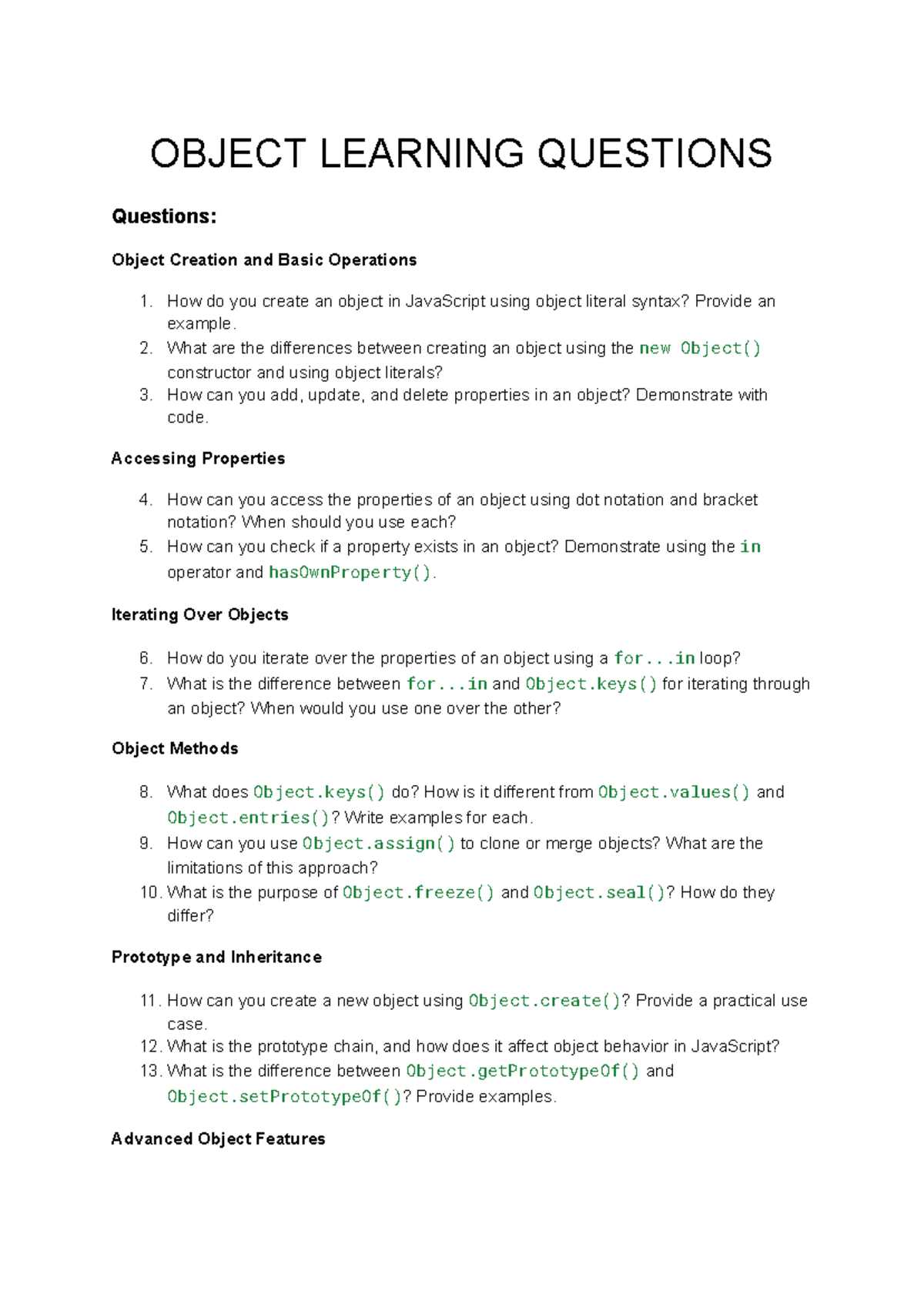 Questions - OBJECT LEARNING QUESTIONS Questions: Object Creation and ...
