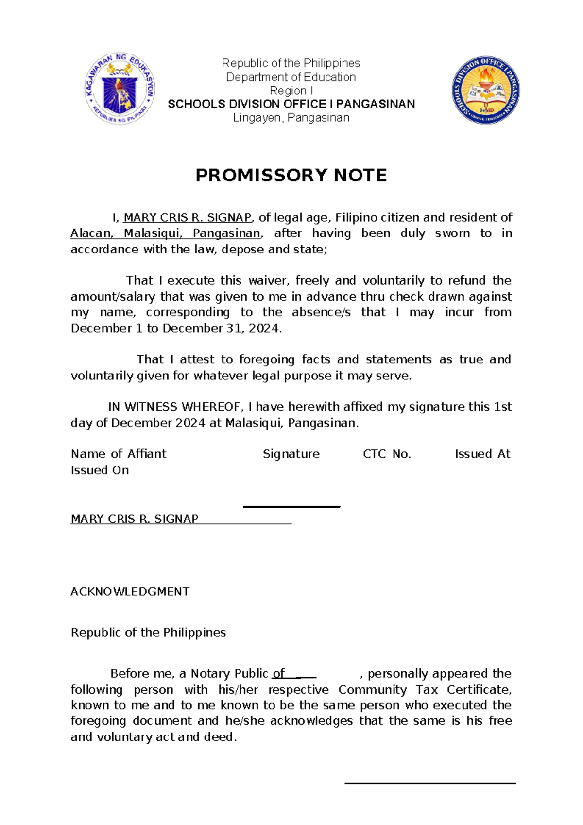 Promissory Notes Job Order - Republic of the Philippines Department of ...