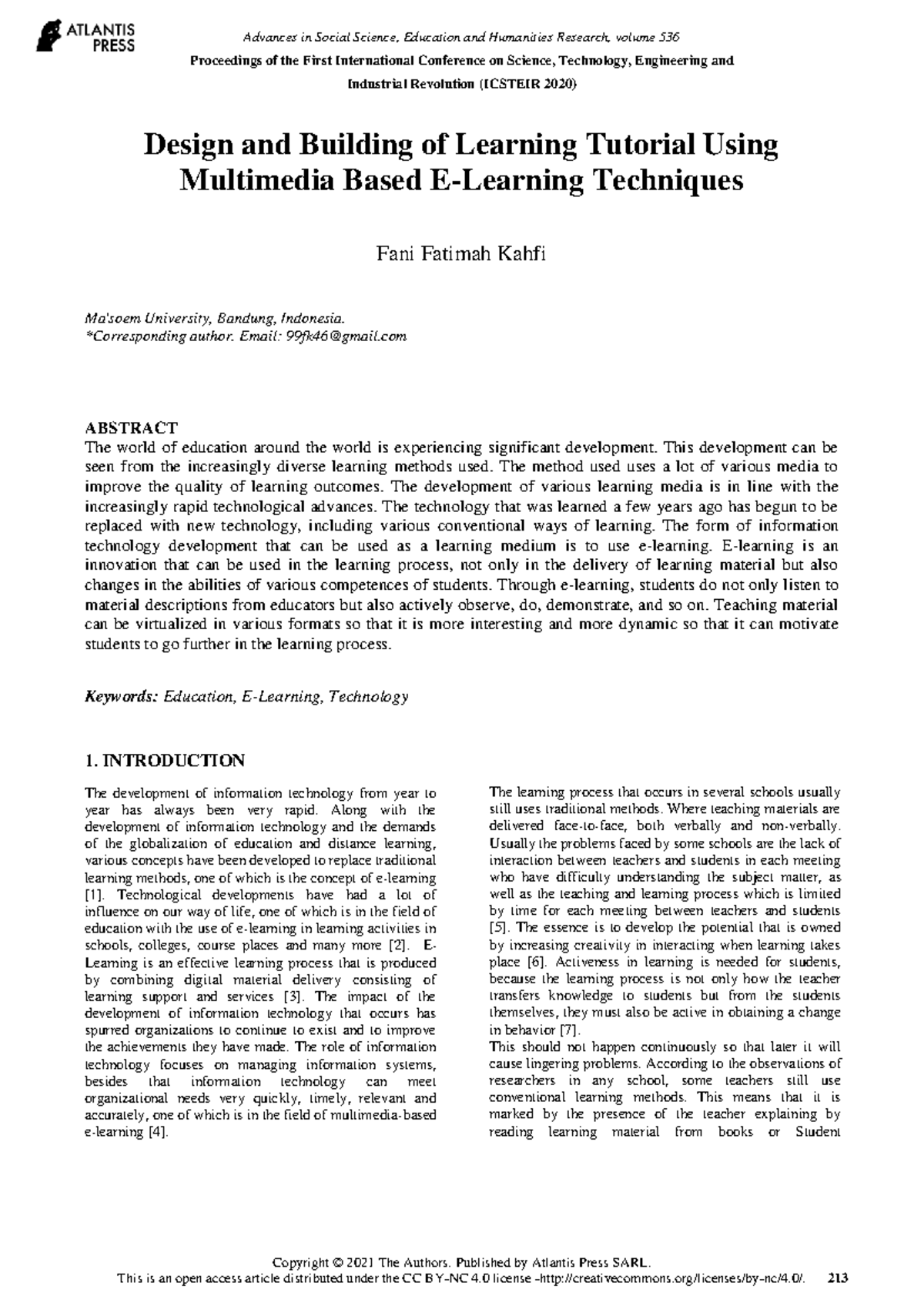 Design and Building of Multimedia Learning Tutorials (ICSTEIR 2020 ...