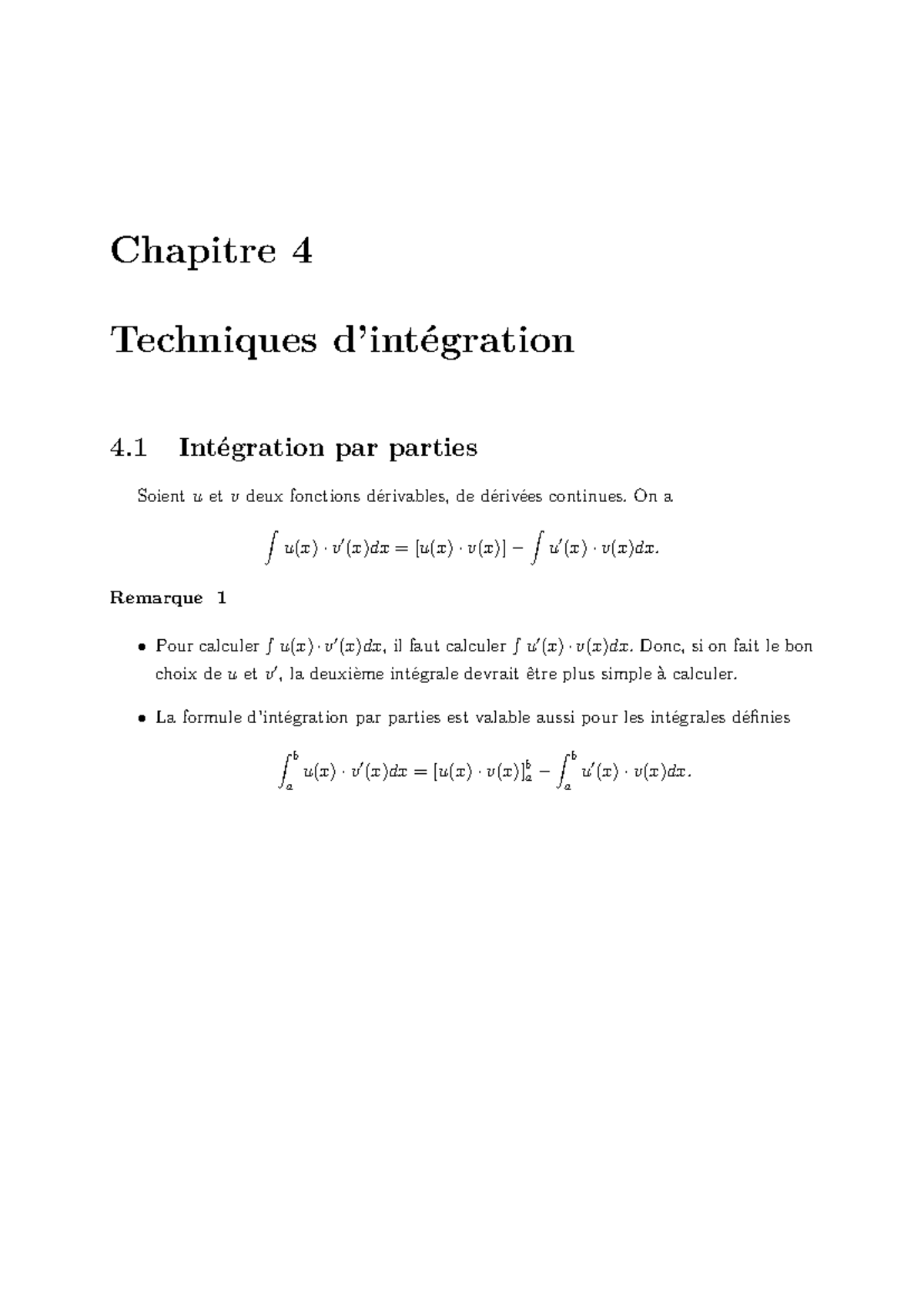 Chapitre 4 Techniques d'Intégration - Méthodes et Exemples - Studocu