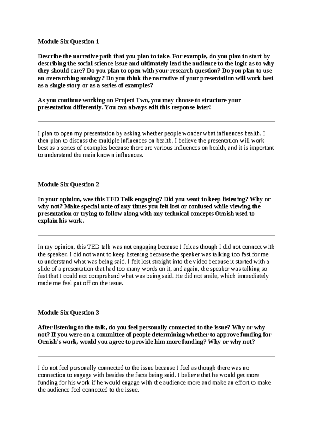 Short Answer Responses for Module 6: Narrative Path & TED Talk Analysis ...