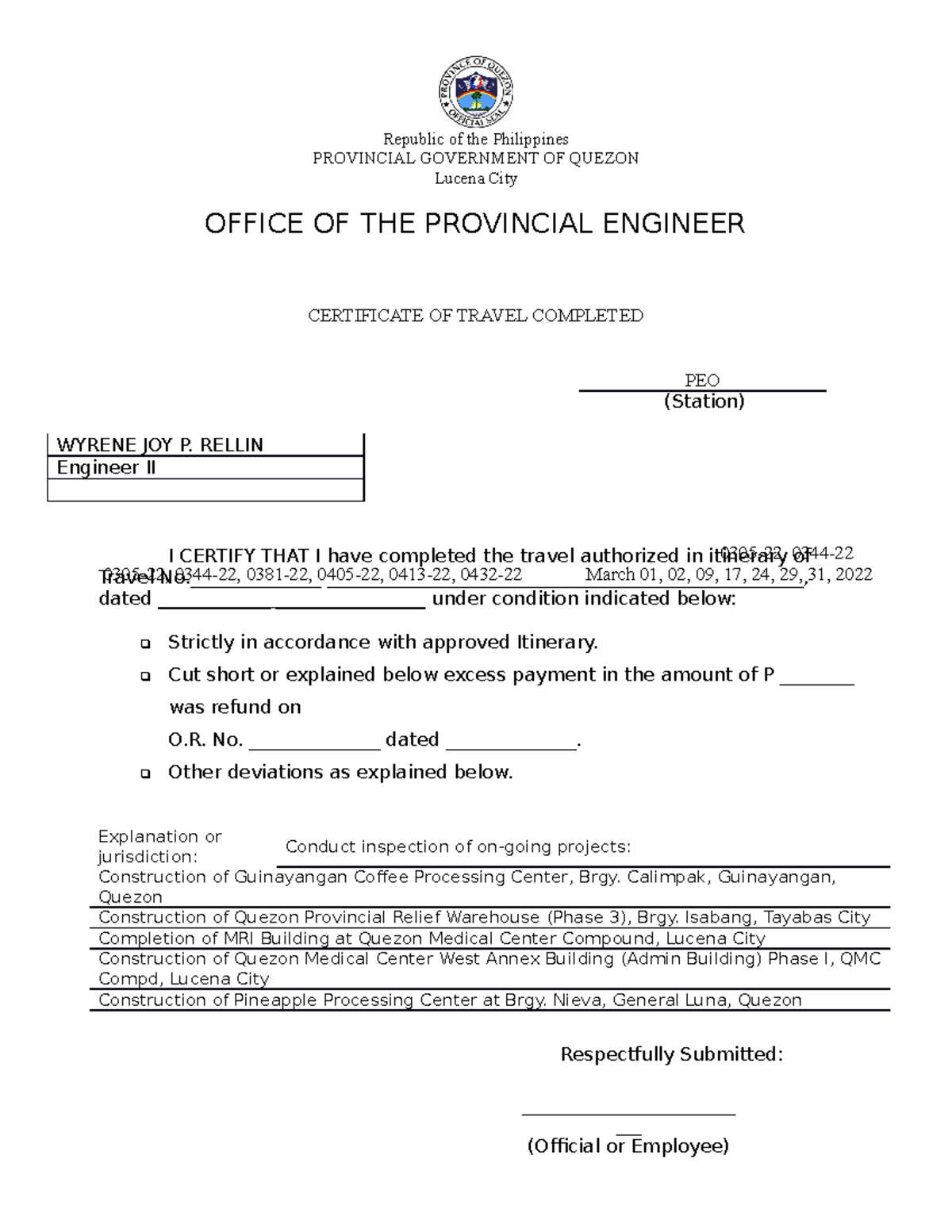 Certificate of Travel Completion - PEO - Quezon Provincial Engineer ...
