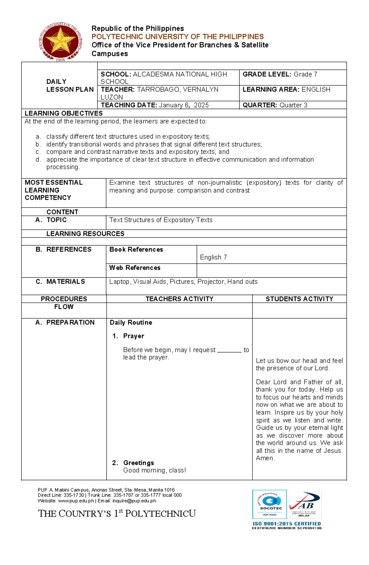 Lp day 1 - Lesson plan - POLYTECHNIC UNIVERSITY OF THE PHILIPPINES Office of the Vice President ...