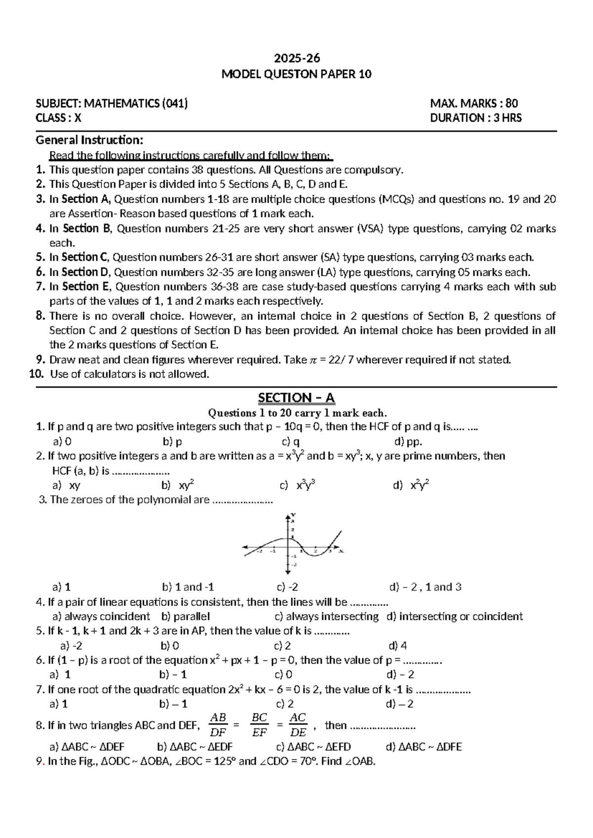Sample Paper - 10 for Mathematics (041) Class X - Max Marks 80 - Studocu