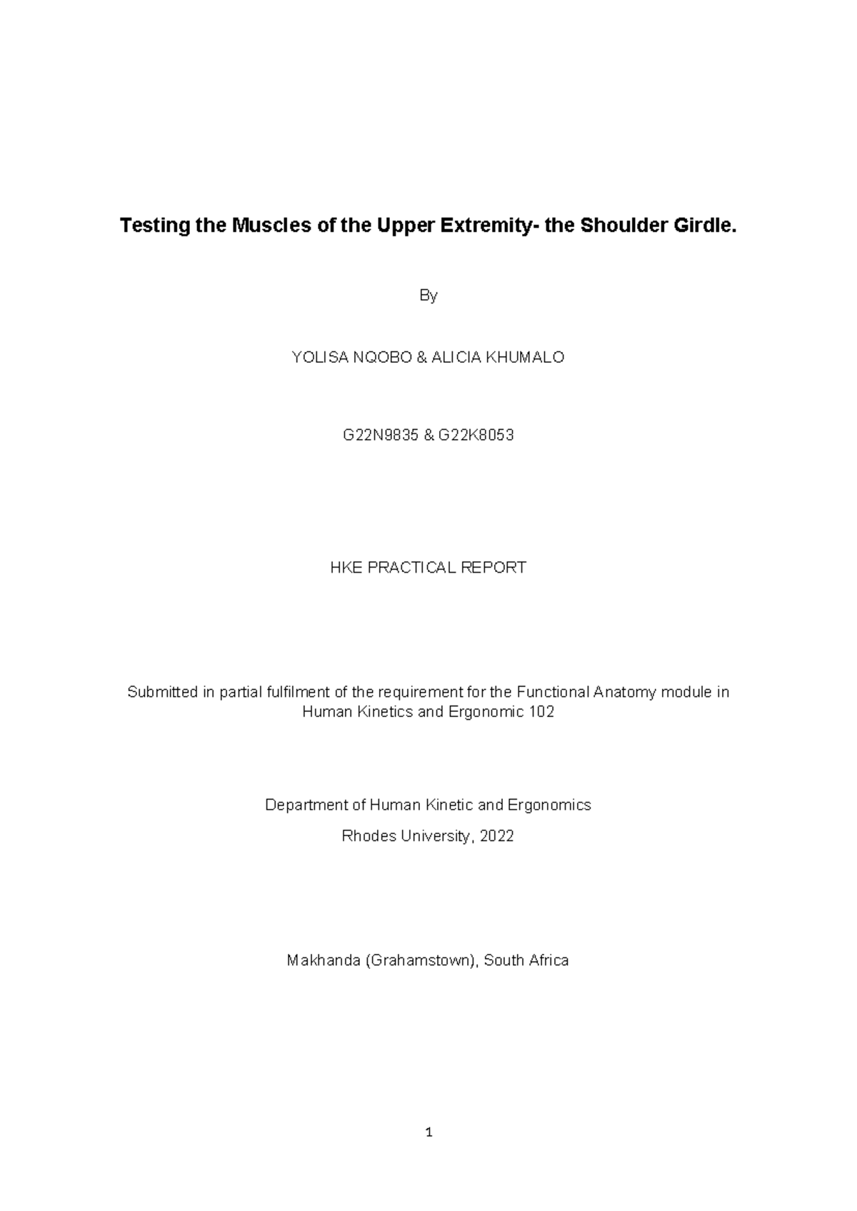 HKE 102 Practical Report: Upper Extremity Muscle Testing Write-Up - Studocu