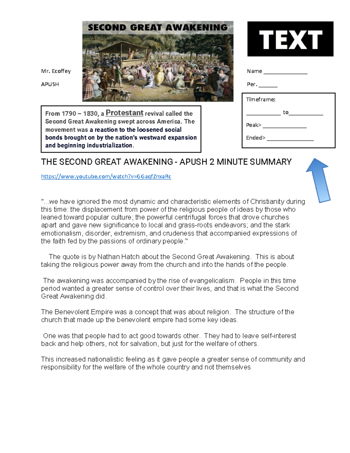 The Second Great Awakening: APUSH 2-Minute Summary and Impact - Studocu