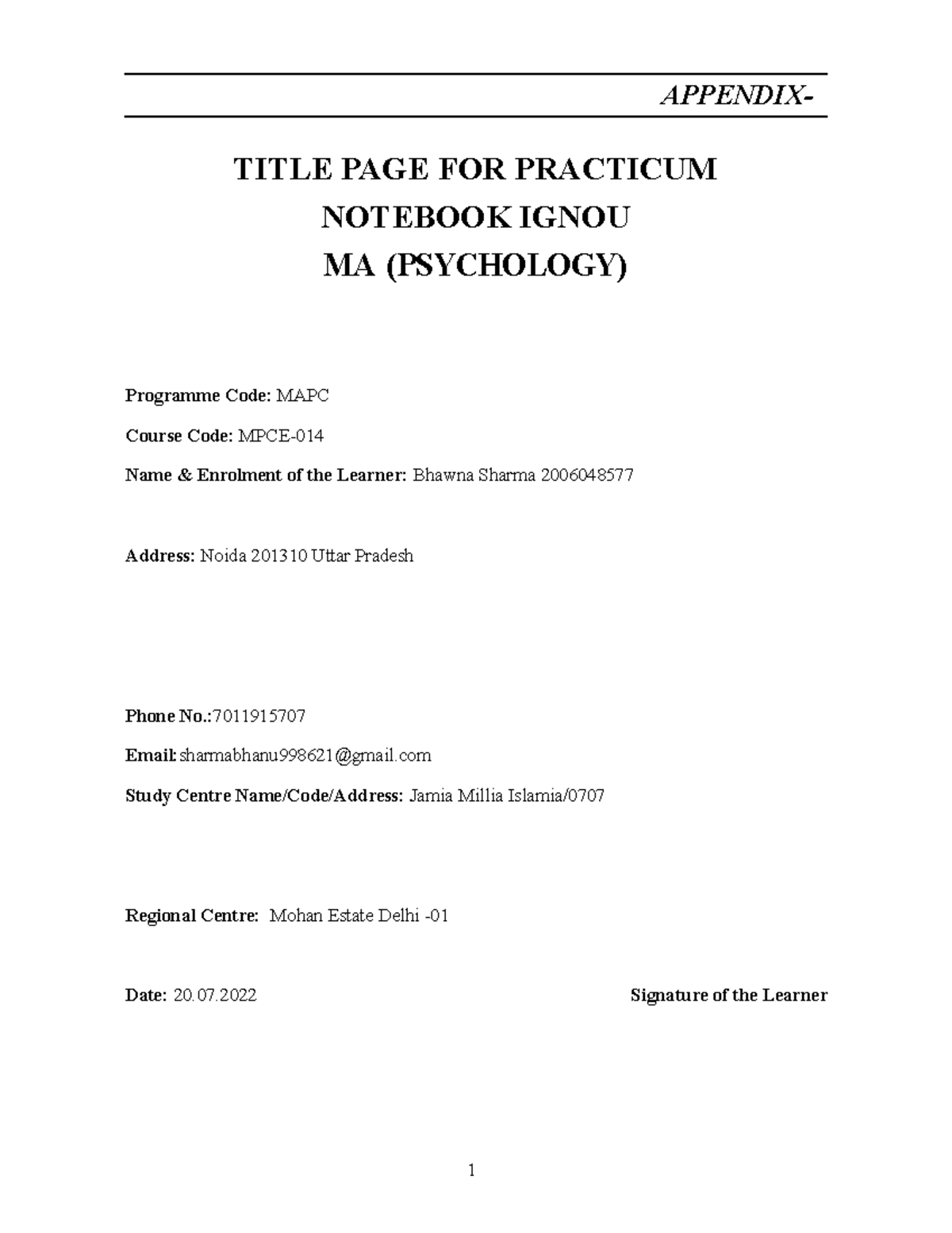 PG-MPCE-014 - APPENDIX- TITLE PAGE FOR PRACTICUM NOTEBOOK IGNOU MA ...
