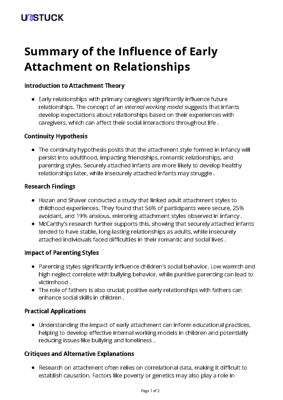 Ch. Summary: Influence of Early Attachment on Relationships - Studocu