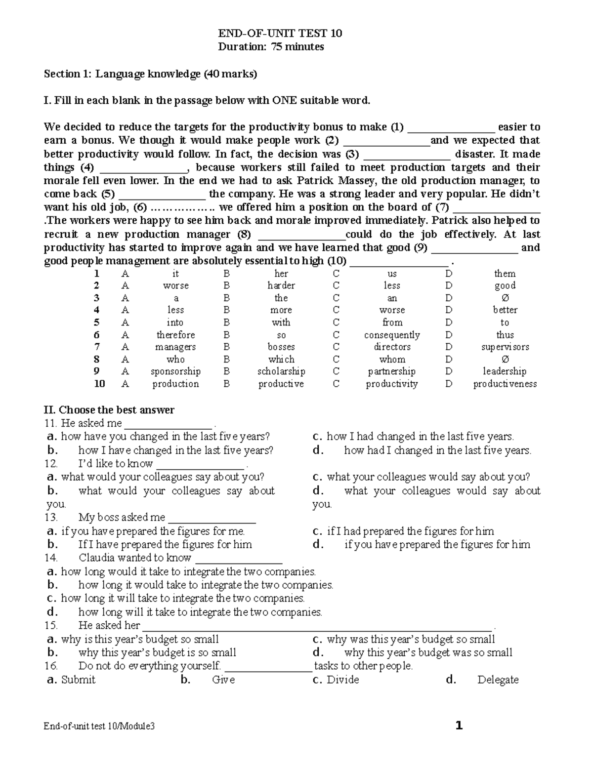 END OF UNIT TEST UNIT 10 - END-OF-UNIT TEST 10 Duration: 75 minutes ...