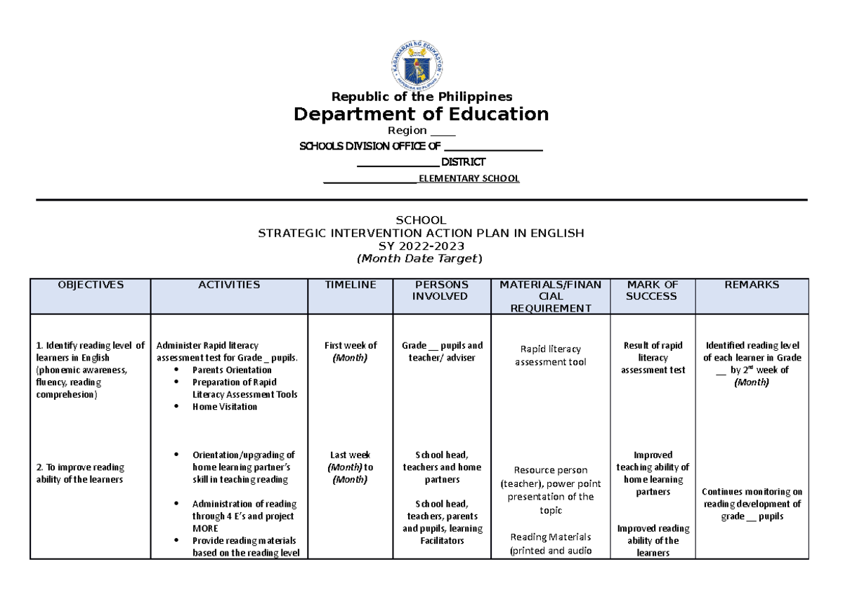 Strategic Intervention Action Plan in English for Grade _ Students ...