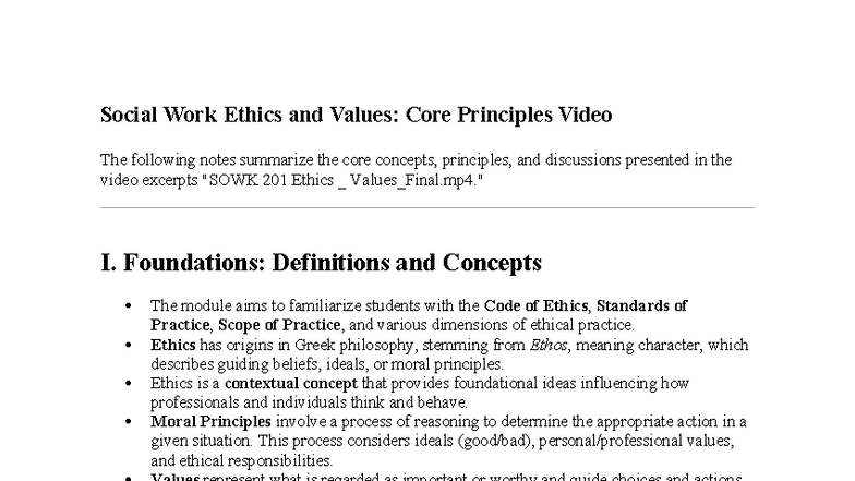 Social Work Ethics & Values: Core Principles Summary (SWK 201) - Studocu