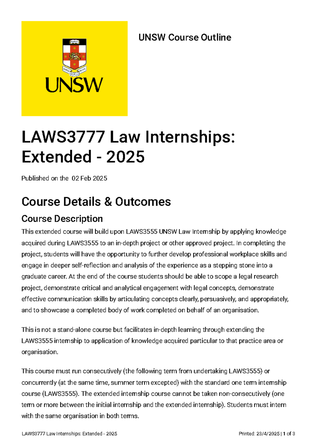 UNSW LAW 2025 Course Outline: Extended Internships Overview and ...