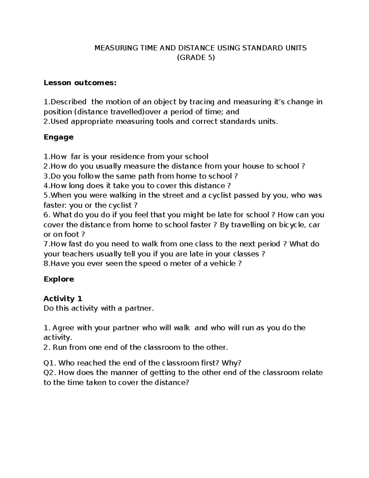 MEASURING TIME & DISTANCE WITH STANDARD UNITS (GRADE 5) - Studocu