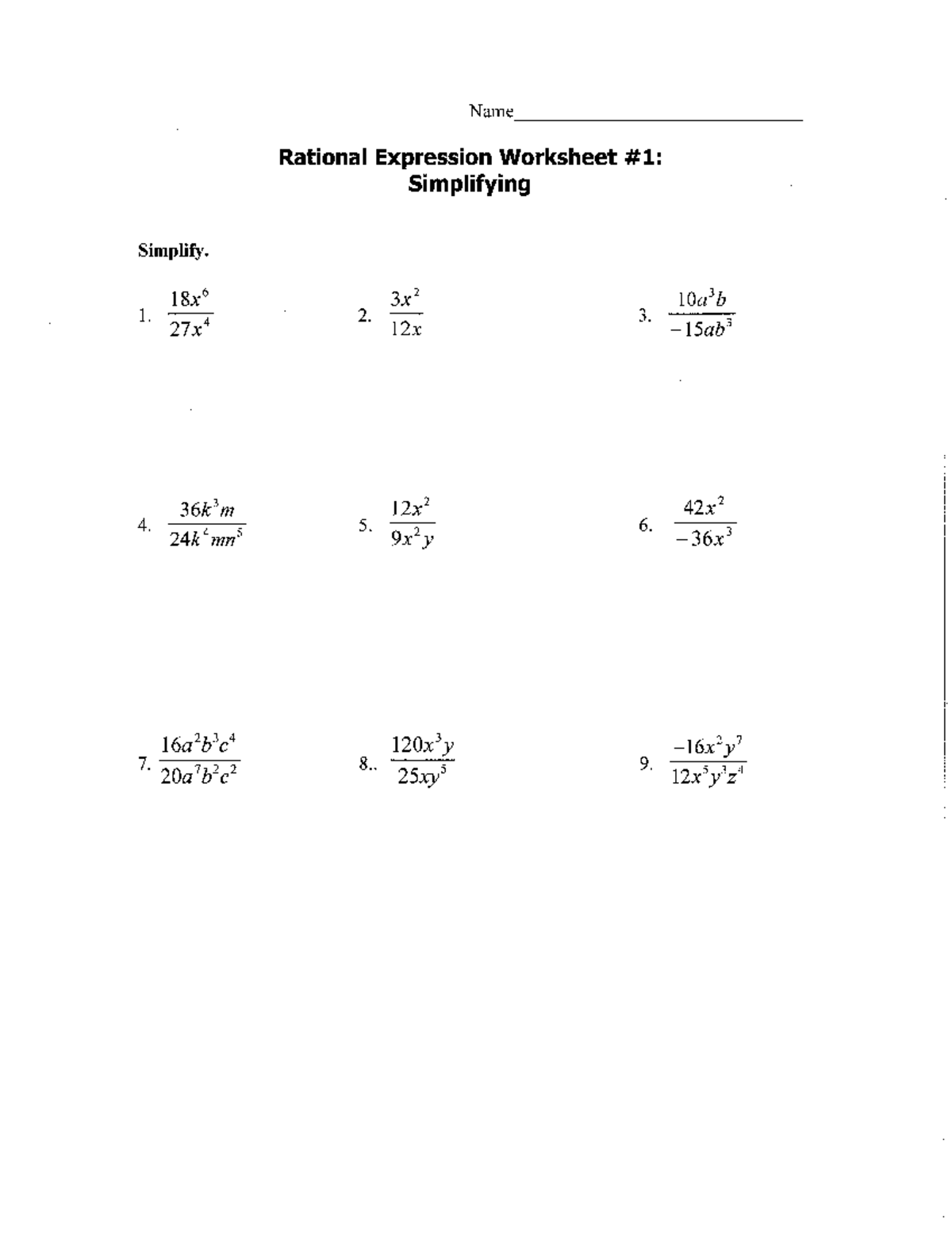 Rational Expressions Practice #2 Worksheet: Simplifying, Multiplying ...