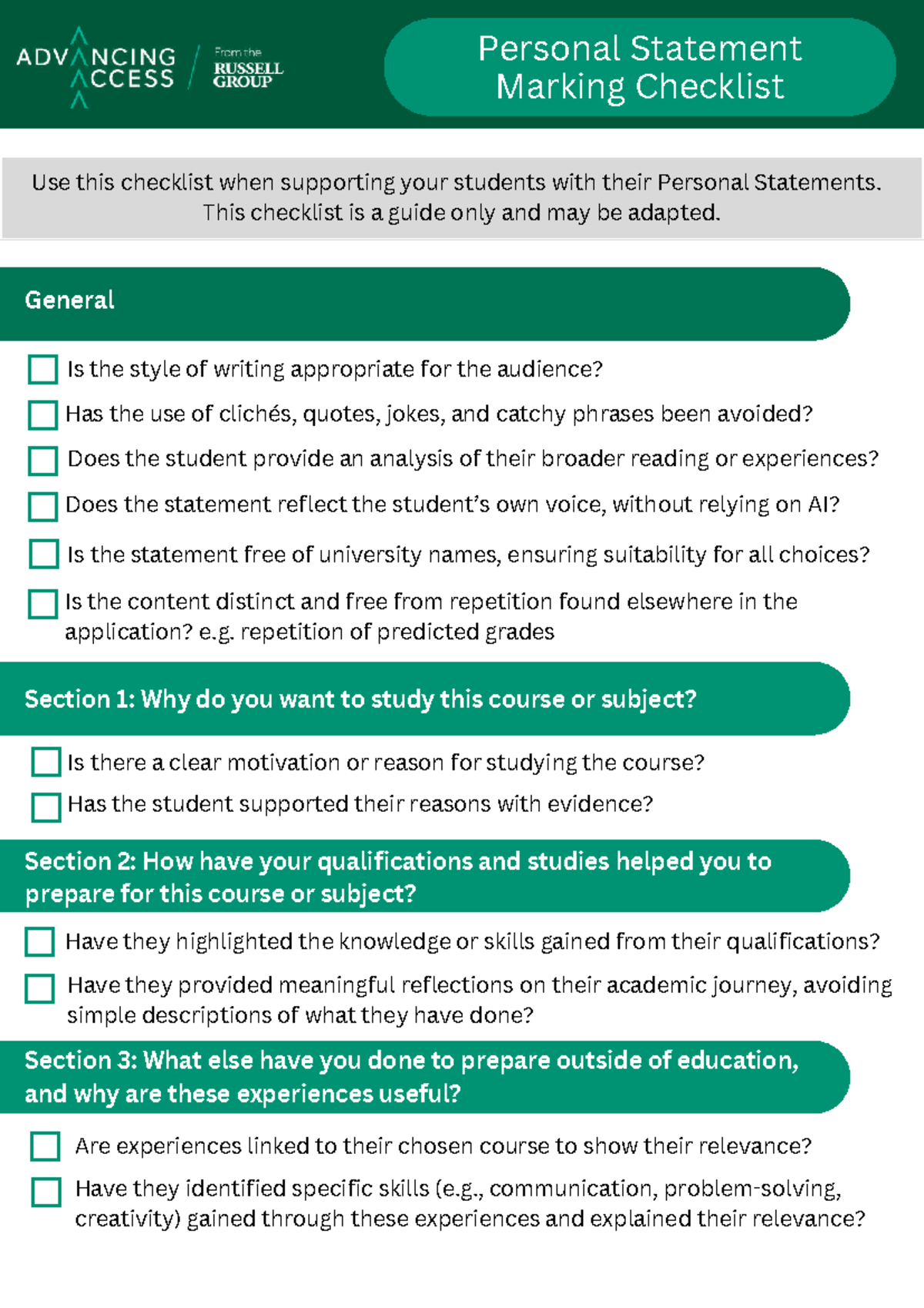Personal Statement Marking Checklist for Student Support - Studocu