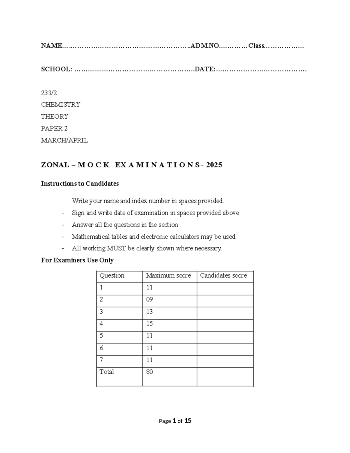 CHEM 2025: Zonal Mock Exam Paper 2 - Theory Questions - Studocu