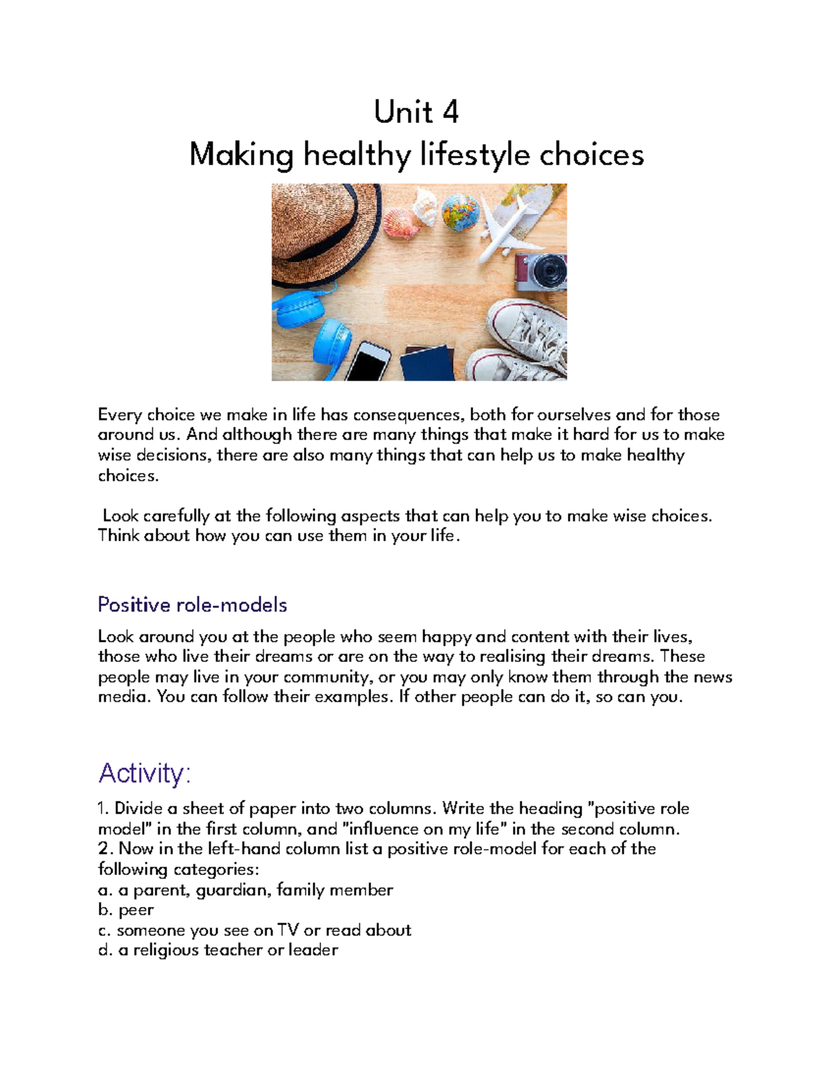 Unit 4: Healthy Lifestyle Choices and Positive Influences - Studocu