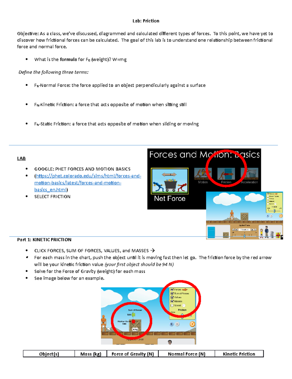 Lab Activity Friction PHET - Lab: Friction Objective: As a class, we’ve ...