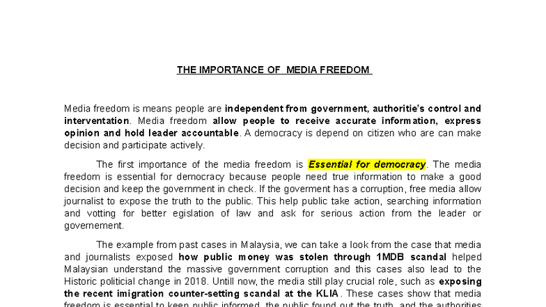 The Importance of Media Freedom in Democracy: A Critical Analysis - Studocu