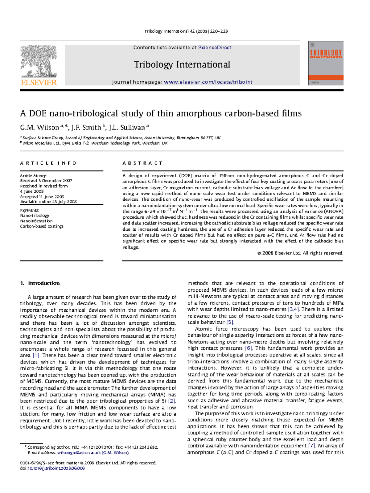 A DOE Study on Thin Amorphous C and Cr-Doped Coatings for MEMS Applications - Studocu