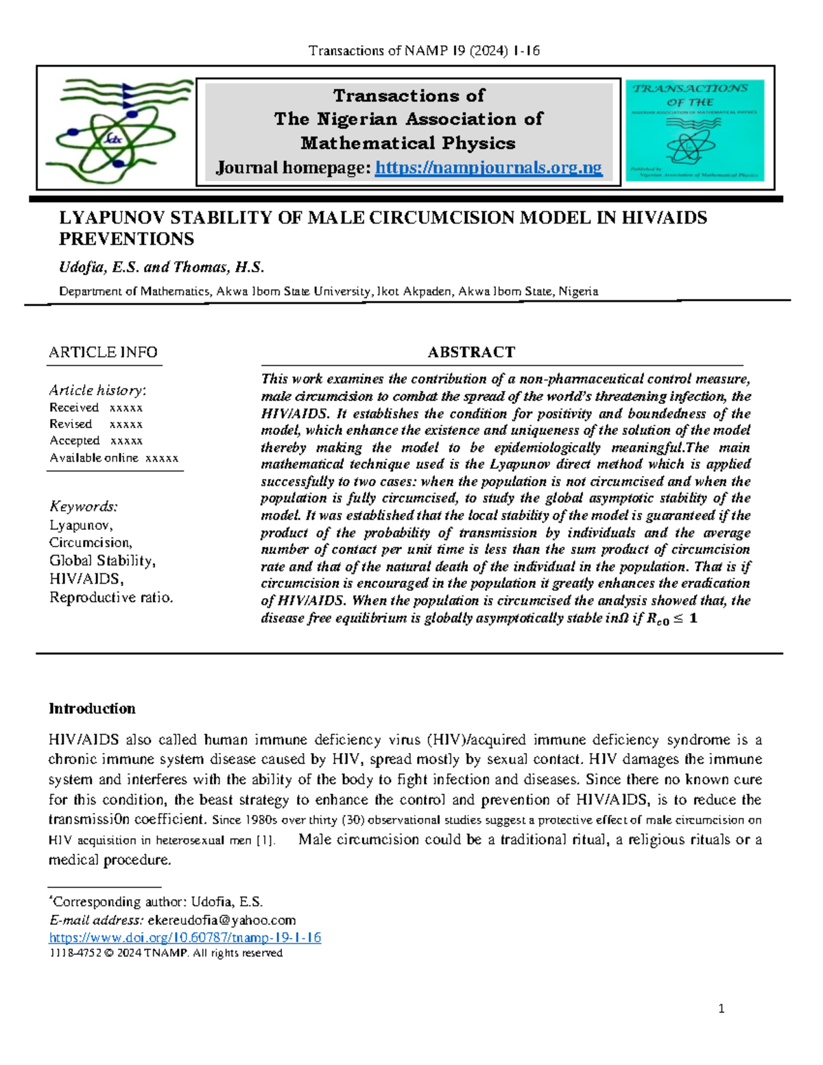 Lyapunov Stability of Male Circumcision Model in HIV/AIDS Prevention ...