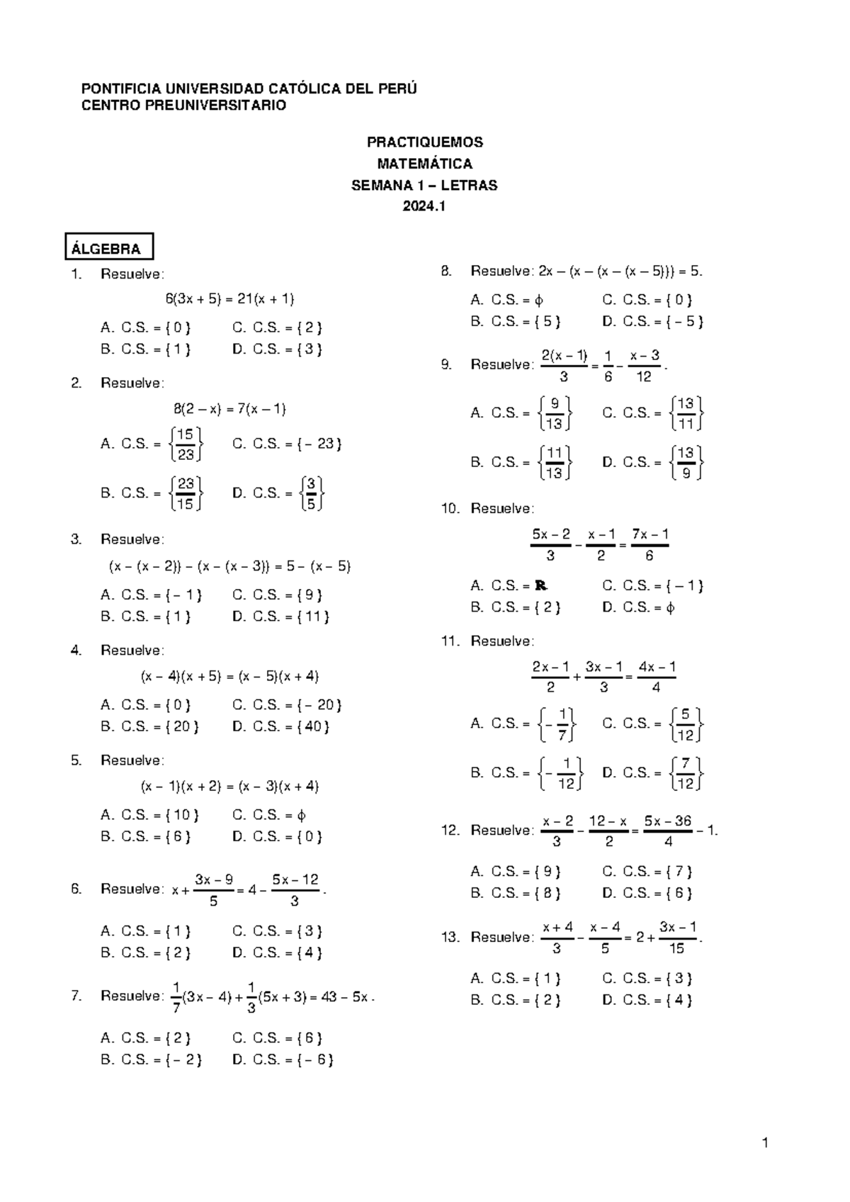 Practiquemos Matemática Semana 1 2024.1 - Álgebra 1 - Studocu