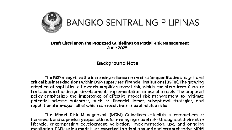 Draft Circular on MRM Guidelines for BSFIs - June 2025 - Studocu