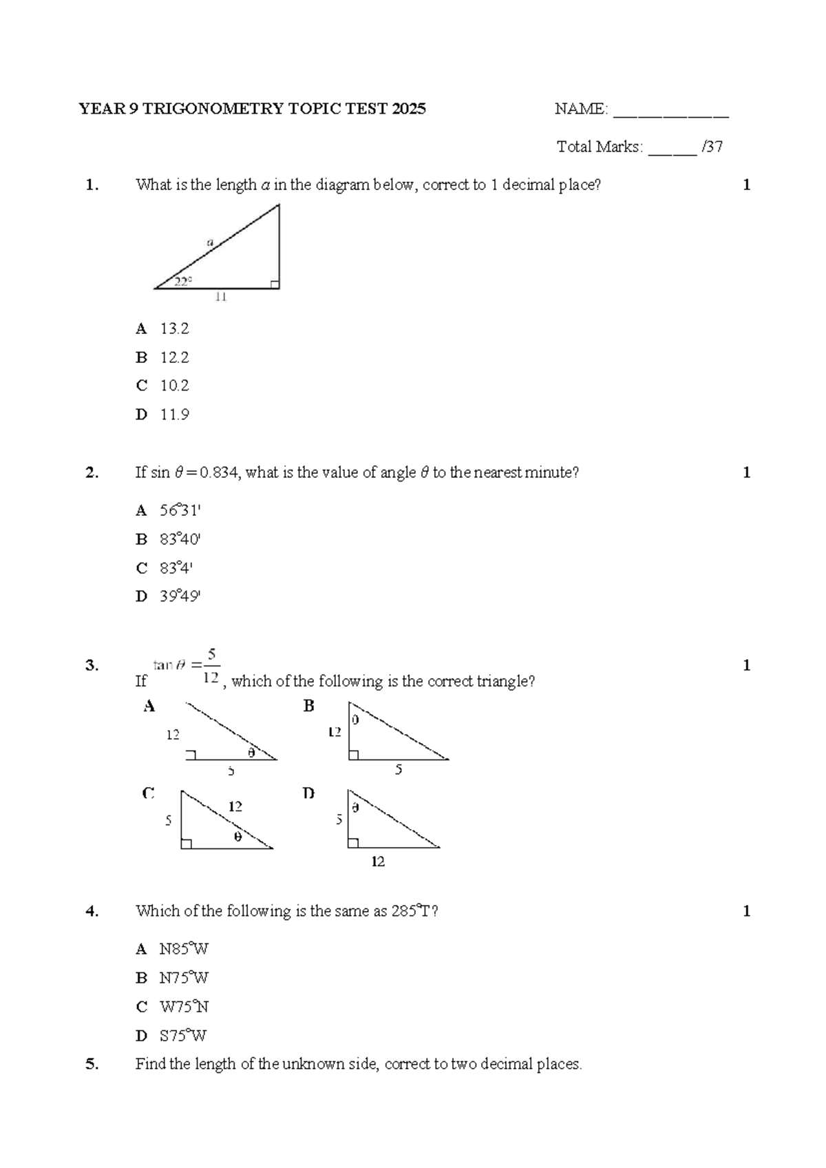 Year 9 Trigonometry Topic Test 2025: Questions & Solutions - Studocu