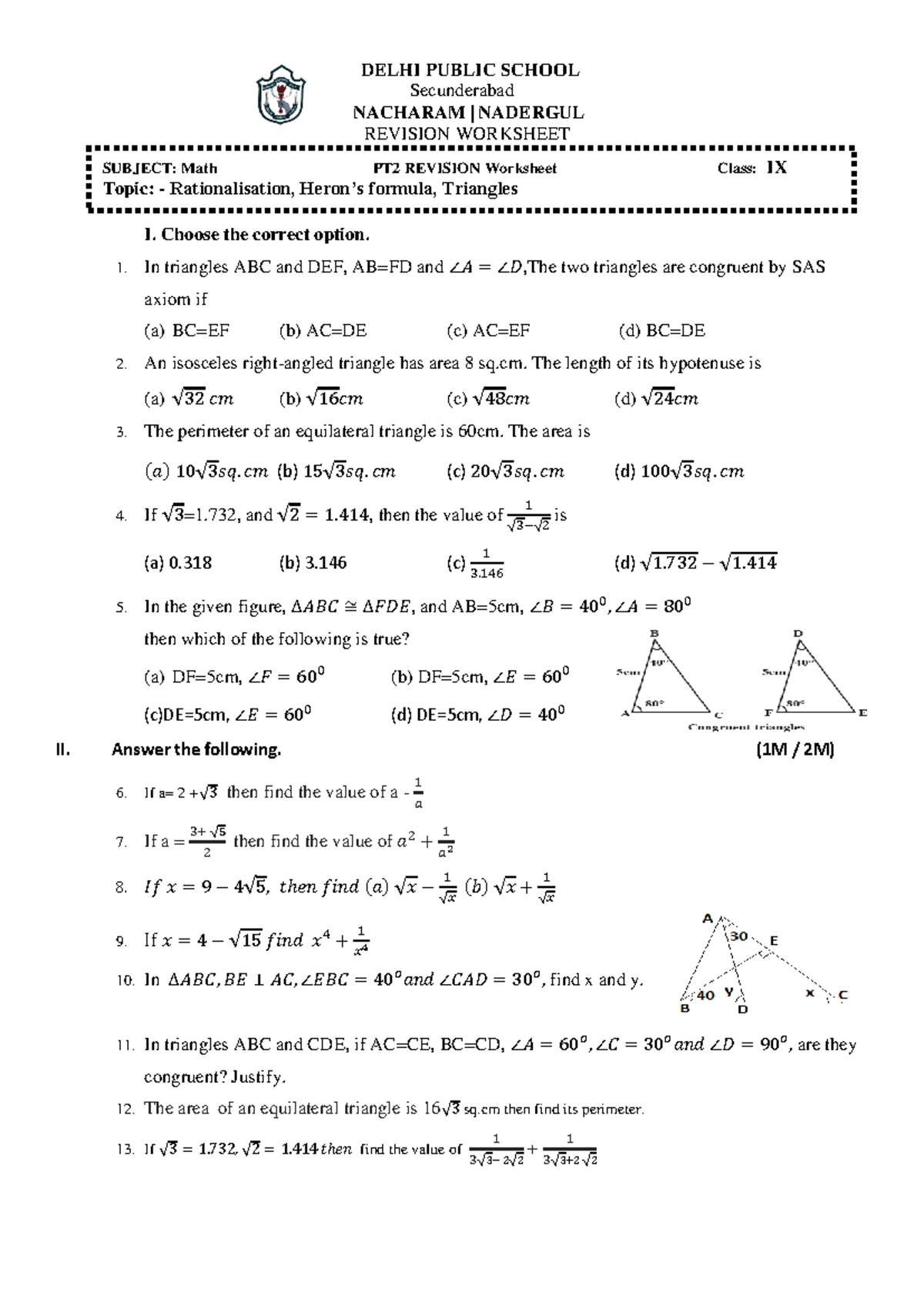 Class 9 Math Revision Worksheet: Congruence & Triangles Topics - Studocu