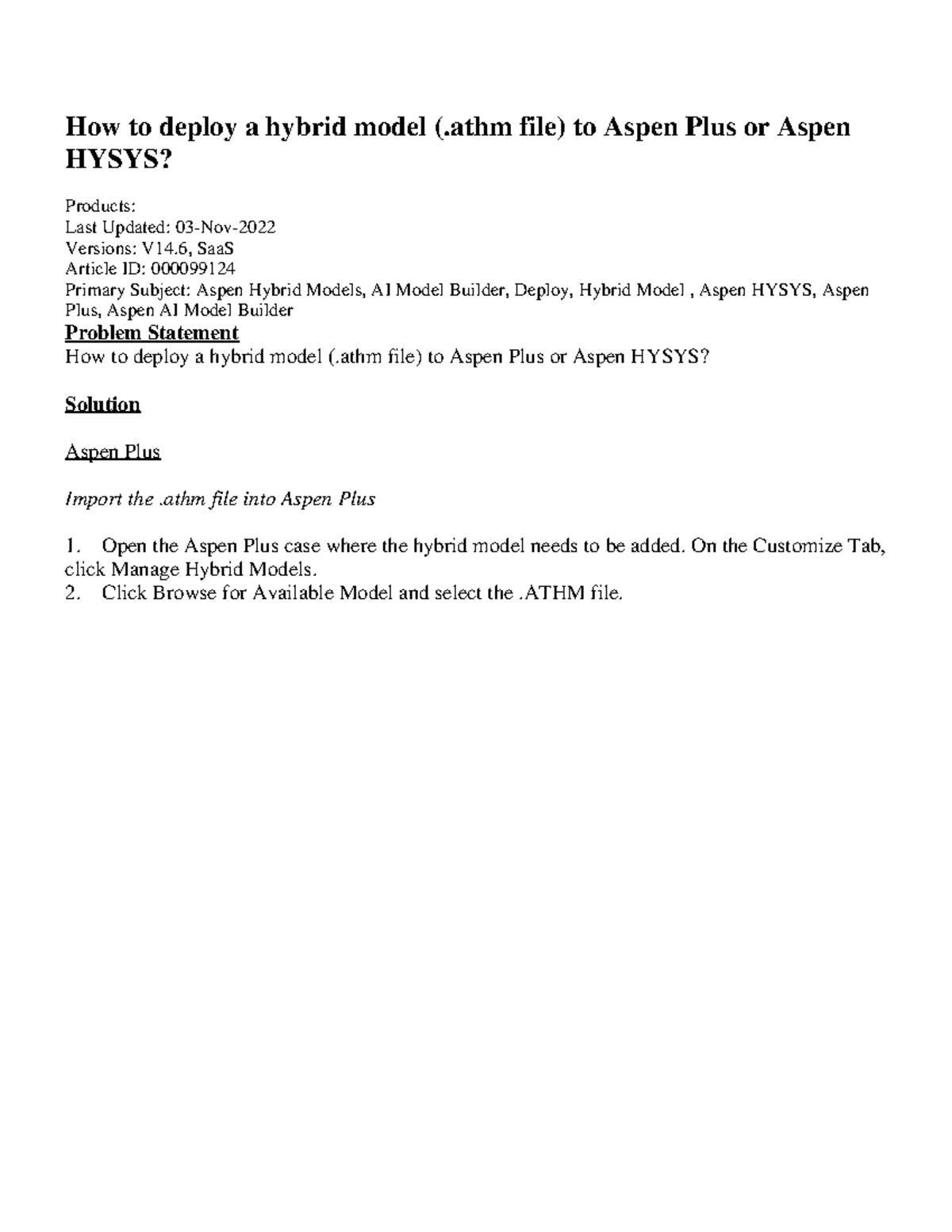 How to deploy a hybrid model (.athm file) to Aspen Plus or Aspen Hysys ...