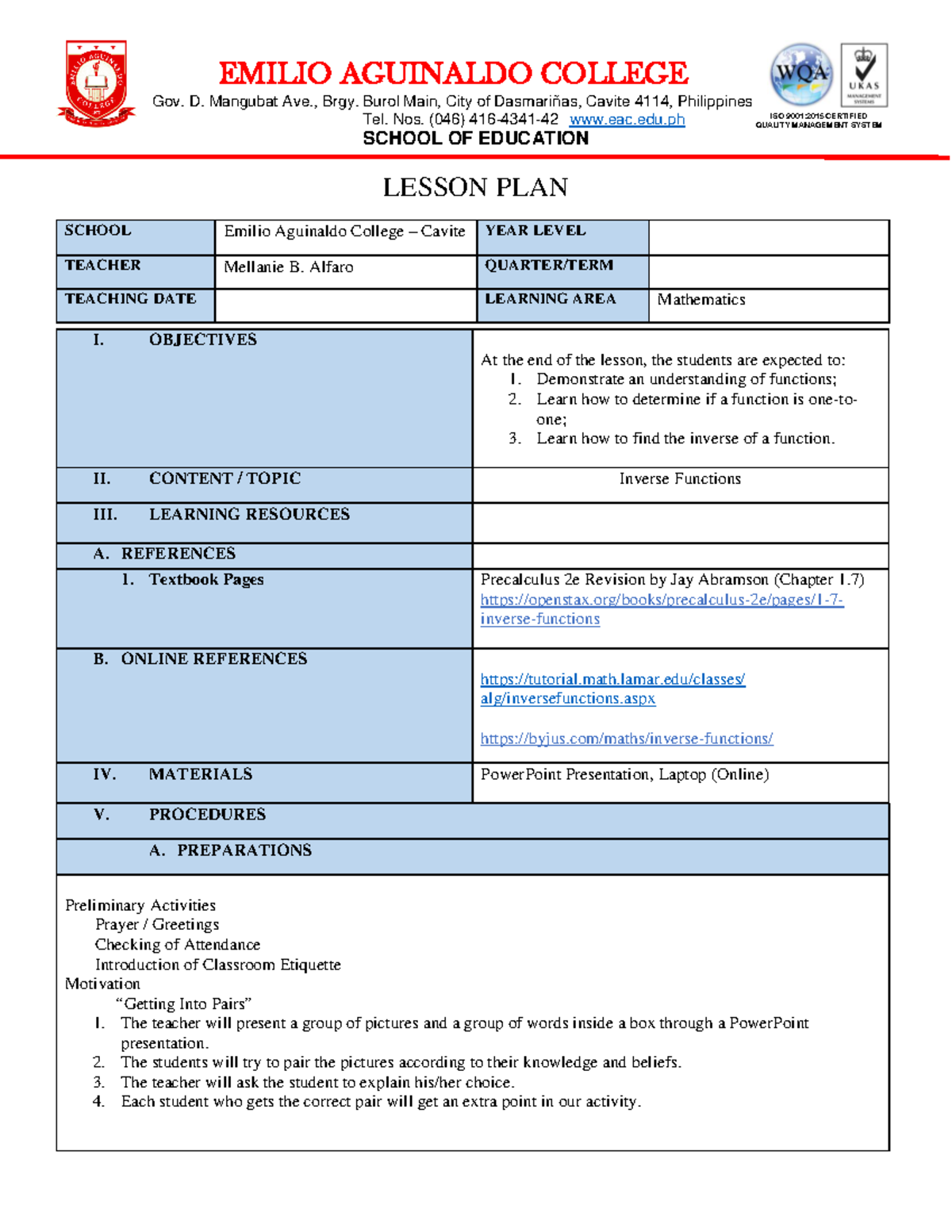 MATH 101: Inverse Functions Lesson Plan and Activities - Studocu