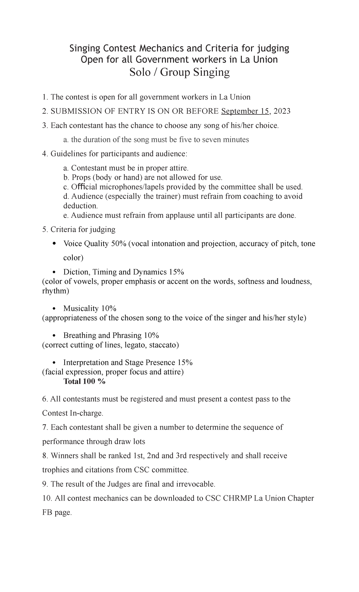 Singing Contest Mechanics & Judging Criteria for Gov't Workers - Studocu