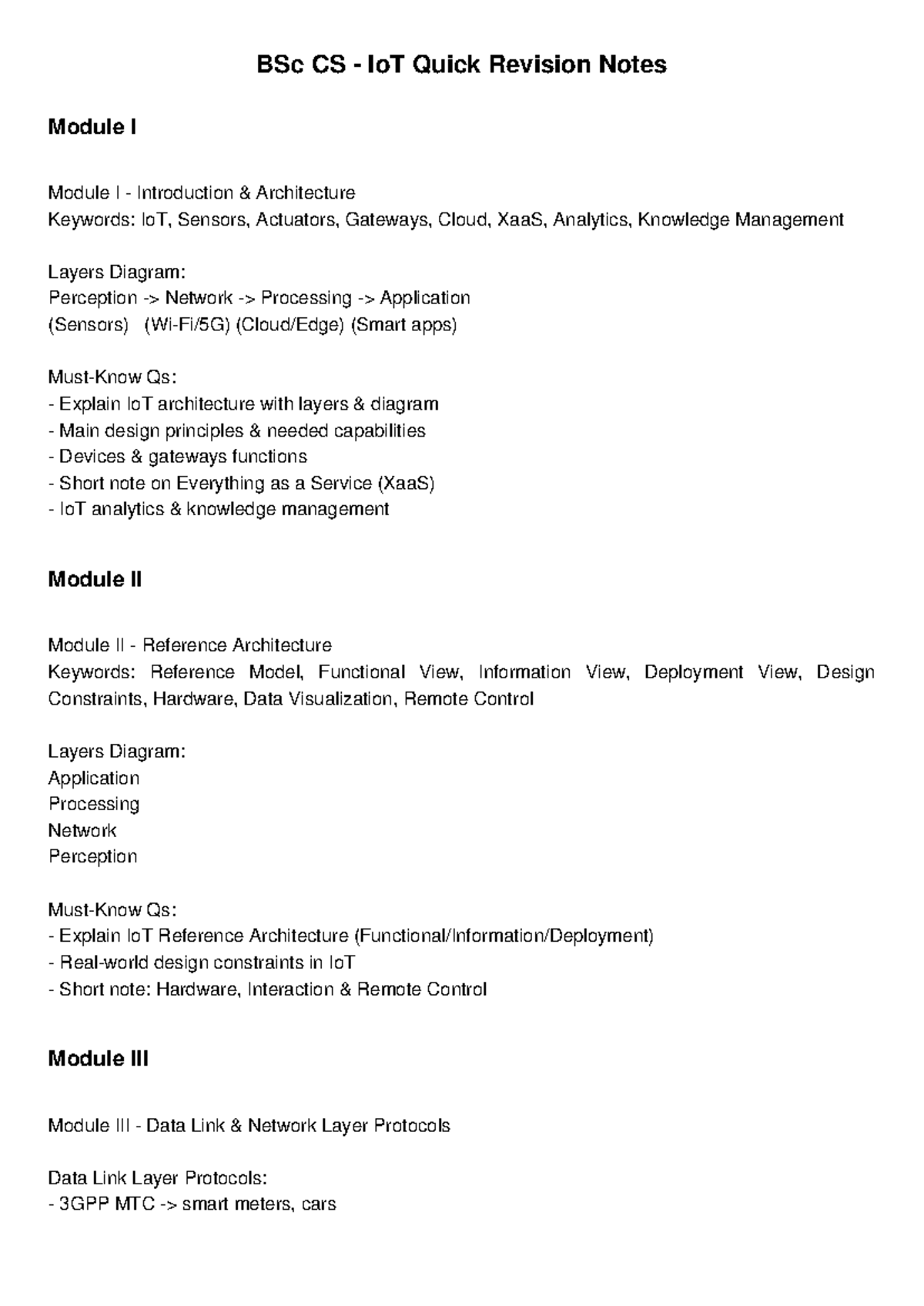 BSc CS IoT Quick Revision Notes: Modules I-IV with Diagrams - Studocu
