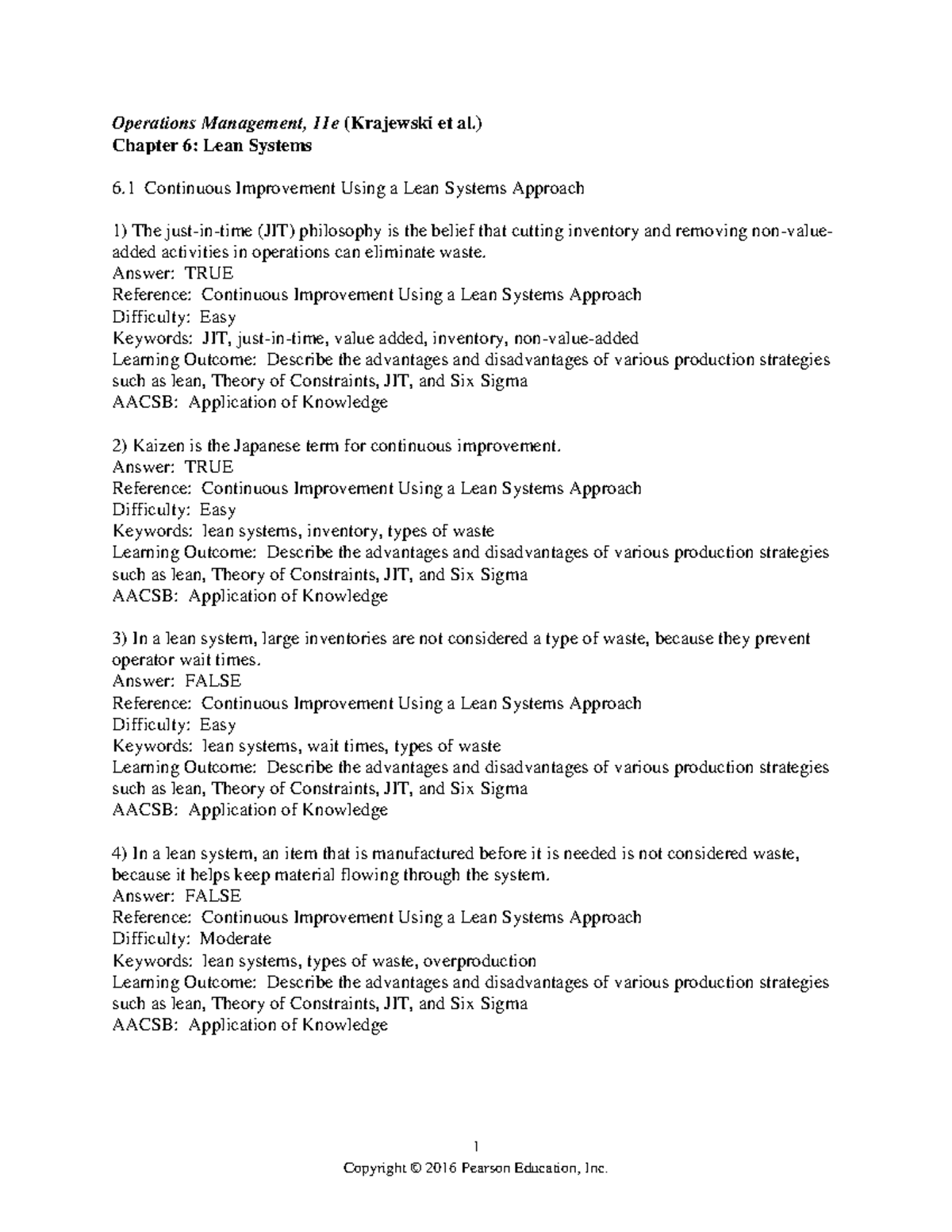 Krajewski 11e TB Ch06 - Lean Systems Continuous Improvement Q&A - Studocu