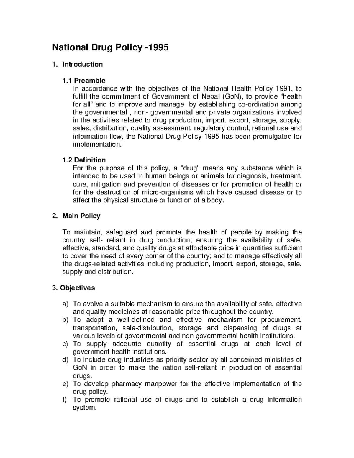 National Drug Policy 1995: Comprehensive Overview and Implementation ...