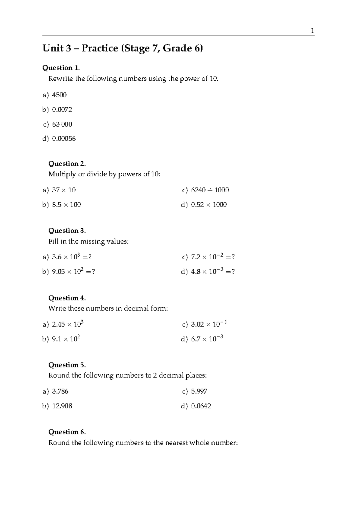 Unit 3 Practice: Powers of 10 & Rounding (Math 6) - Studocu