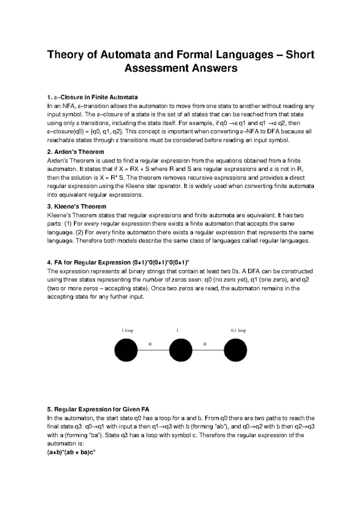 Theory of Automata and Formal Languages: Short Assessment Answers - Studocu