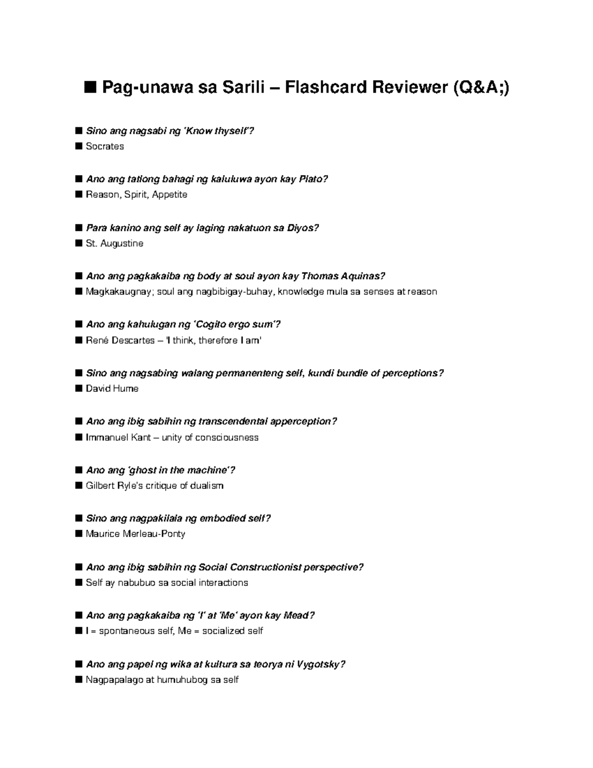 Pag-unawa sa Sarili Flashcard Reviewer: Mga Konsepto at Teorya - Studocu