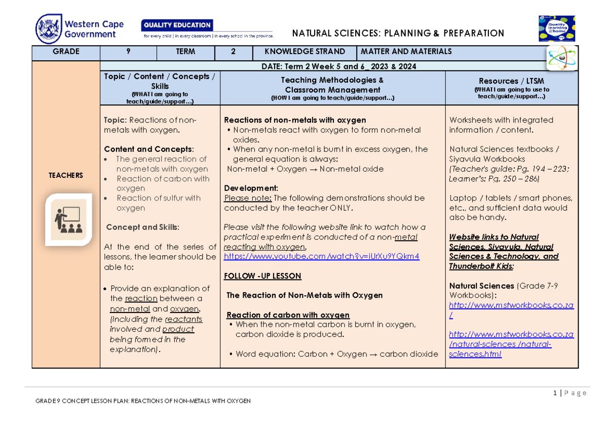 GRADE 9 NATURAL SCIENCES LESSON PLAN: REACTIONS WITH OXYGEN T2 W5 & W6 ...