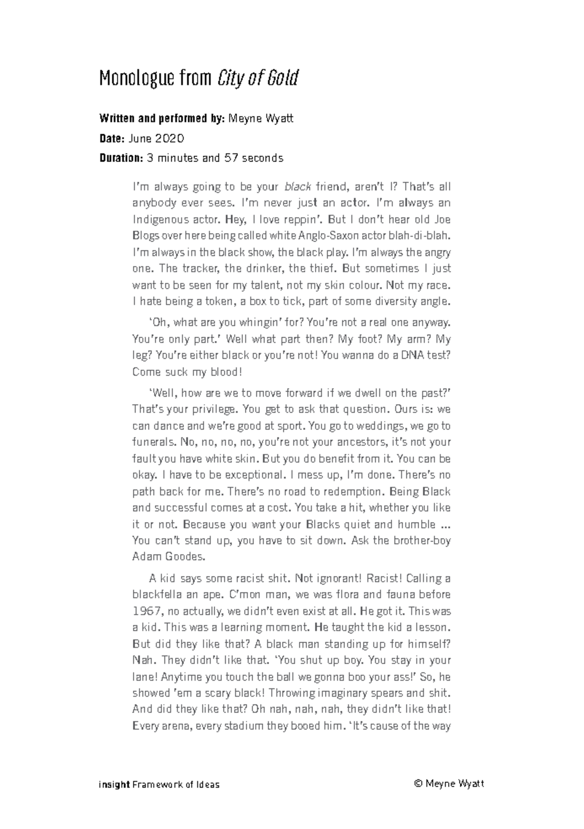 Yr 12 English U3O2 Monologue Analysis: "City of Gold" by Meyne Wyatt ...