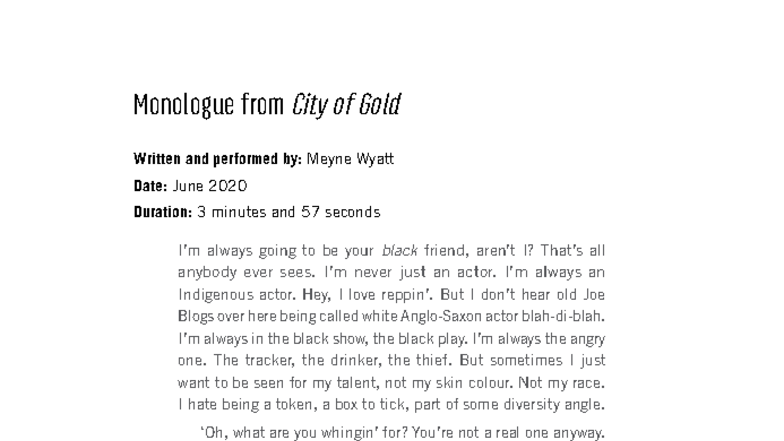 Yr 12 English U3O2 Monologue Analysis: "City of Gold" by Meyne Wyatt ...